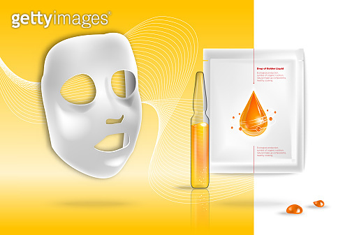 Facial sheet mask, sachet package. Transparent Glass Ampoule liquid ...