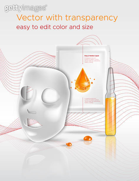 Facial sheet mask, sachet package. Transparent Glass Ampoule liquid ...
