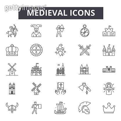 Medieval line icons, signs set, vector. Medieval outline concept ...