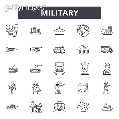 Military line icons, signs set, vector. Military outline concept ...