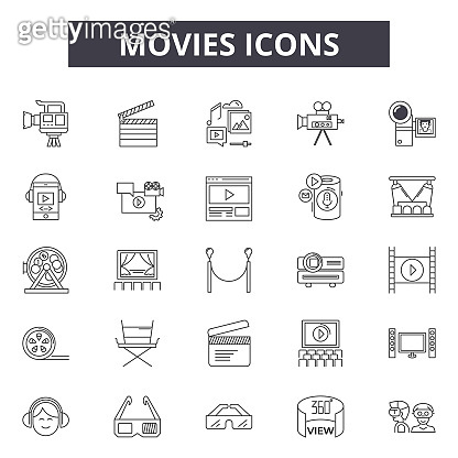 Movies line icons, signs set, vector. Movies outline concept ...