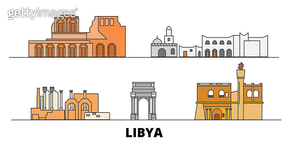 Libya flat landmarks vector illustration. Libya line city with famous ...