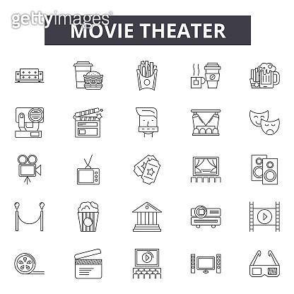 Movie theater line icons, signs set, vector. Movie theater outline ...