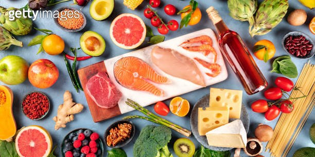 Food panorama, meat, fish, chicken and shrimps, vegetables and fruits ...