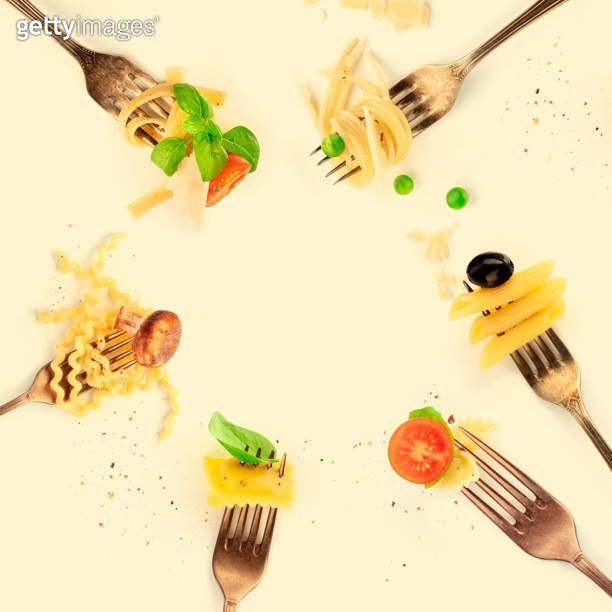 Italian food design, pasta collage. Forks with pasta and various ...