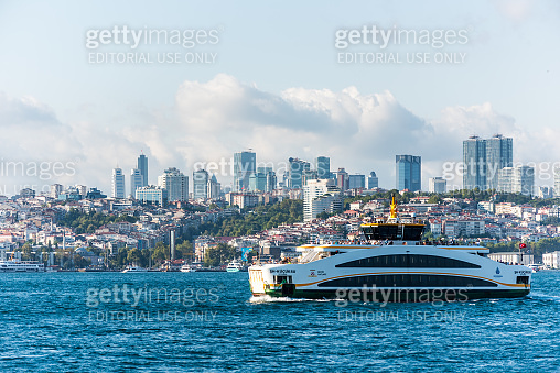 A cruise ship crossing the Bosphorus Strait of Istanbul of Turkey, part ...