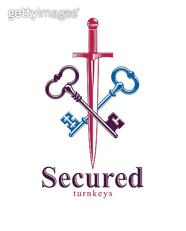 Crossed keys and dagger vector symbol emblem, turnkeys and sword ...