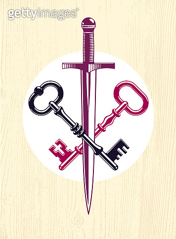 Crossed keys and dagger vector symbol emblem, turnkeys and sword ...