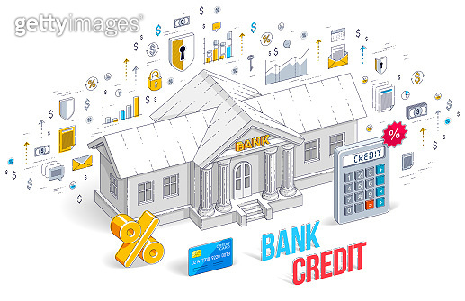 Credit concept, bank building with calculator and percent symbol ...
