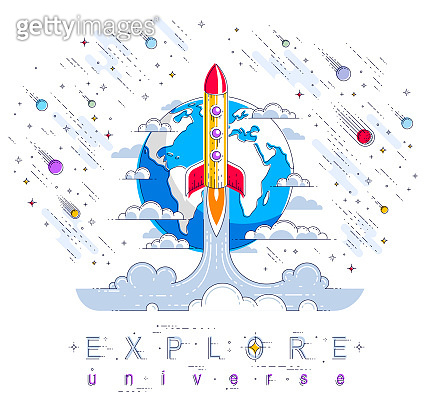 Rocket launch into undiscovered space with planet earth in background ...