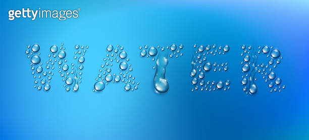 Water word designed with realistic water drops with blurred background ...