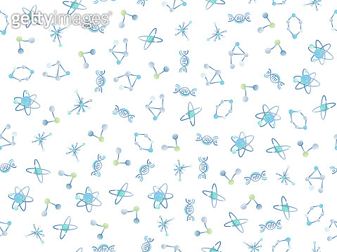 Cute cartoon molecular seamless pattern. DNA molecule, atoms and atomic ...