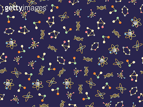 Cute cartoon molecular seamless pattern. DNA molecule, atoms and atomic ...