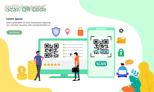 QR Code scanning concept with people scan code using smartphone. Suitable for web landing page ...