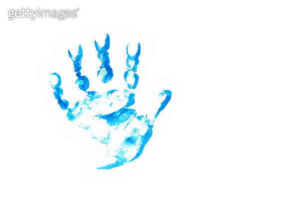 Child handprint in blue paint isolated on a white background. Blue ...