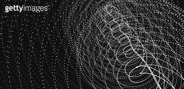 Array with dynamic particles. Swirl with connected dots. Abstract science or technology ...
