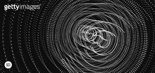 Array with dynamic particles. Swirl with connected dots. Abstract science or technology ...