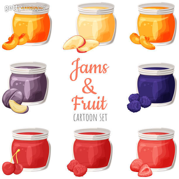 Various fruit jams in jars, cartoon set of colorful illustrations. 이미지 ...