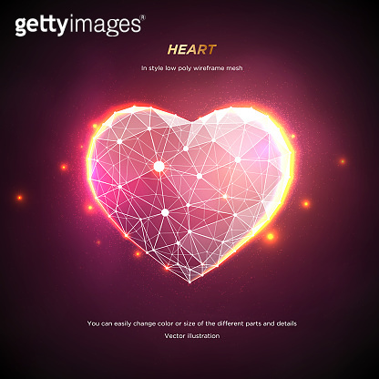 Heart in style Low poly wireframe mesh. Abstract on pink background ...