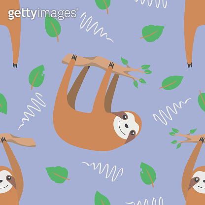 Happy hanging sloth on tree branch with leaves seamless cartoon style ...