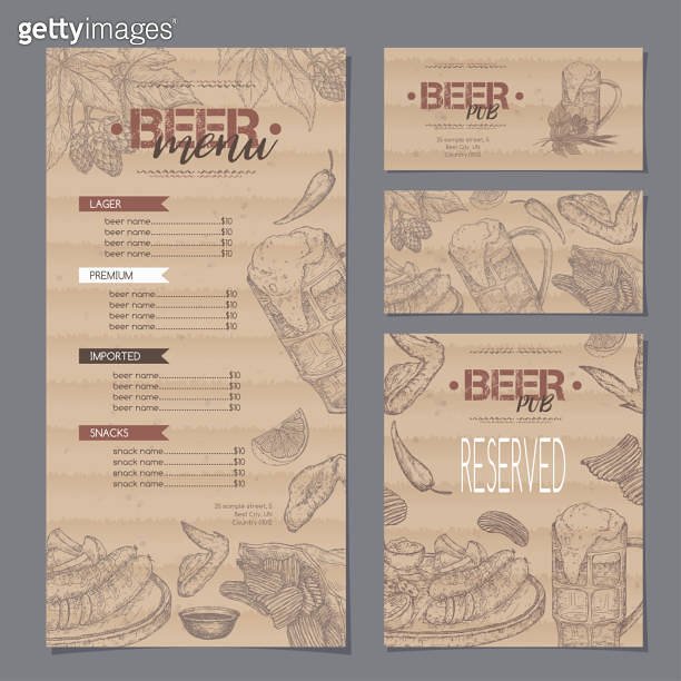 Beer bar menu and card templates featuring beer mug, hop branch, wheat ...