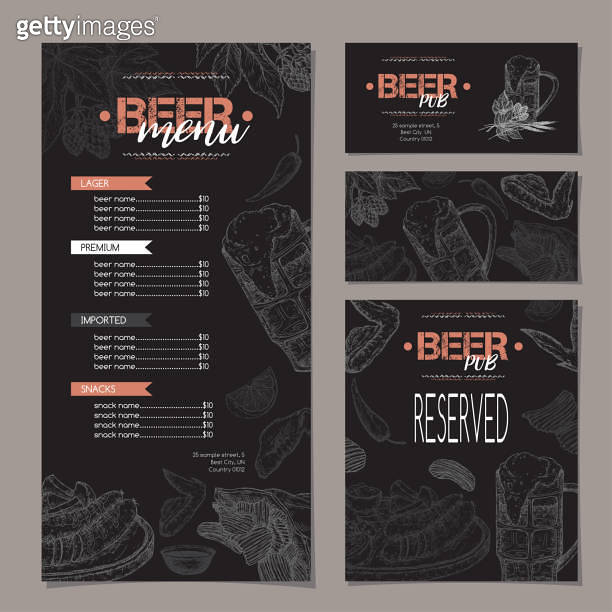 Beer bar menu and card templates featuring beer mug, hop branch, wheat ...