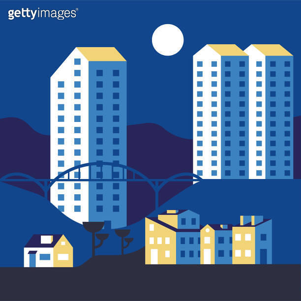 City landscape buildings, hills and trees in a minimalist flat ...