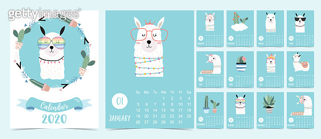 Doodle pastel 2020 calendar set with llama,alpaca,cactus for children ...