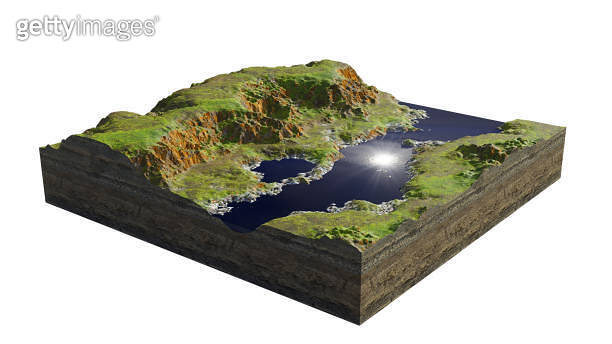 model of a cross section of ground with hills, river and meadows (3d ...