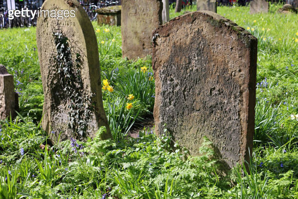 Image of church cemetery graveyard with weathered RIP gravestones ...