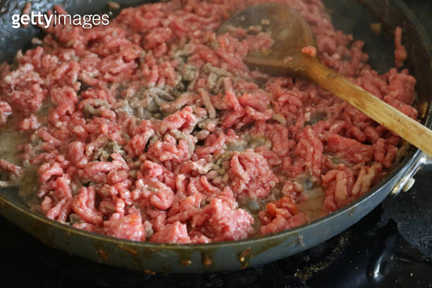 Image of frying and browning mincemeat / lean minced beef cooking in ...