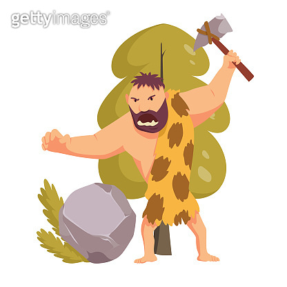 Stone age primitive man with stone hammer. Flat style vector ...