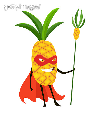 Cute cartoon smiling pineapple superhero in mask and red cape, colorful ...