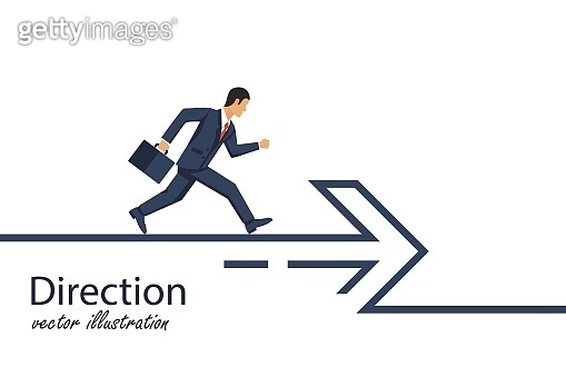 Direction concept. Businessman with a briefcase runs along the ...