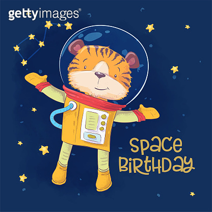 Postcard poster of cute astronaut tiger in space with constellations ...