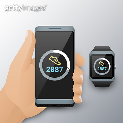 Smartphone in hand and smart watch with counting steps app. Walk steps ...