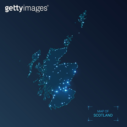 Scotland map with cities. Luminous dots - neon lights on dark ...