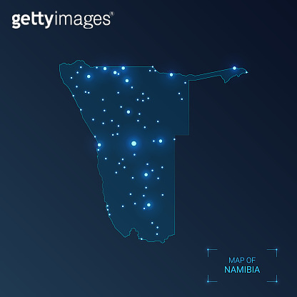 Namibia map with cities. Luminous dots - neon lights on dark background ...