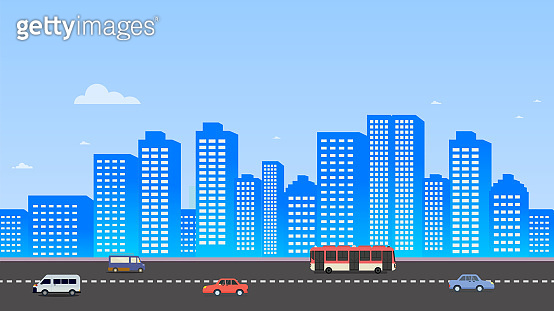 Cityscape with cars on street and sky background illustration.Buildings ...
