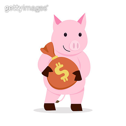 flat pig holding money bag cartoon design with isolatd white background ...