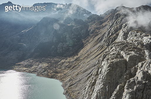 Panoramic view of Lake Triftsee, and the Trift Glacier (Triftbrucke ...