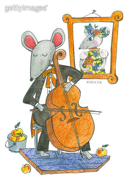 watercolor illustration with a mouse, a mouse playing the cello, a ...