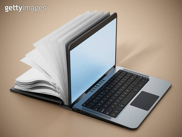 Book with open pages connected to laptop computer 이미지 (1189712131) - 게티 ...