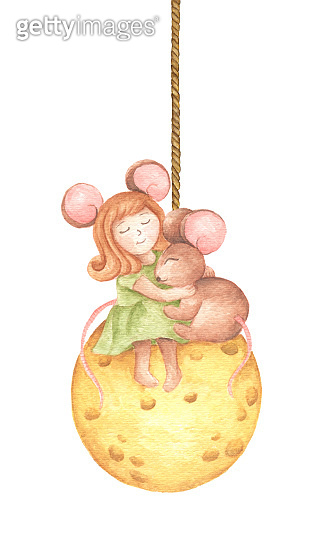 Cute girl mouse hug a little mouse sitting on the cheese moon hang from ...