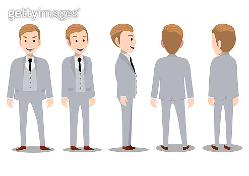 Cartoon character with business man in suit for animation. Front, side ...