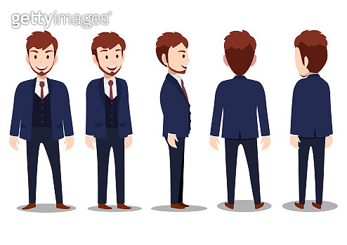 Cartoon character with business man in suit for animation. Front, side ...