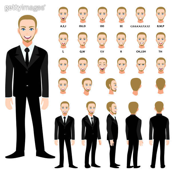 Cartoon character with business man in suit for animation. Front, side ...