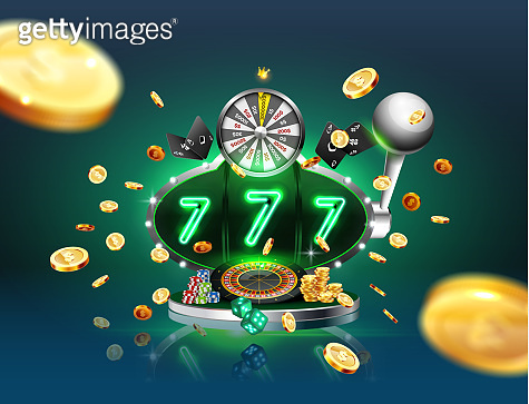 Golden slot machine wins the jackpot 777 on a explosion background ...