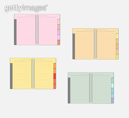 Open spiral notebook with color pages and tab dividers, mockup set ...