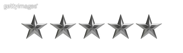 Five silver stars isolated against white, rating concept. 3d ...